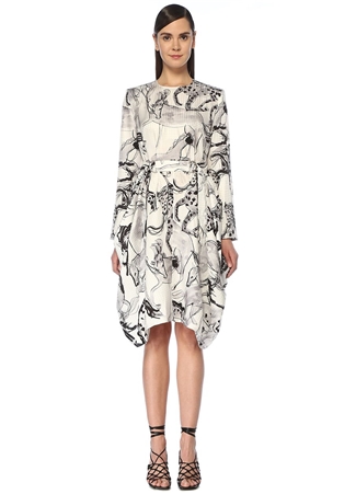 Stella McCartney Kadın Kalyn Siyah Beyaz Asimetrik Midi İpek Elbise 38 IT