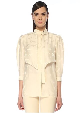 Stella McCartney Kadın Ekru Hakim Yaka At Jakarlı İpek Gömlek Bej 42 IT