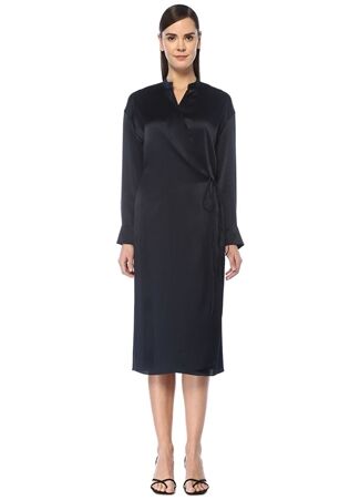 Vince Kadın Lacivert Dik Yaka Bağcıklı Midi İpek Elbise XS EU