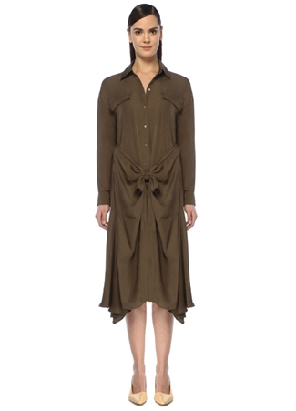 Vince Kadın Haki Önü Bağcıklı Midi Gömlek Elbise XS EU