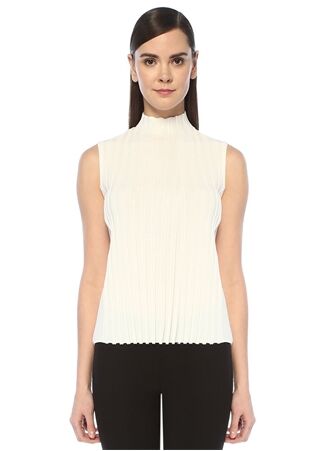 Vince Kadın Beyaz Dik Yaka Ribli Garnili Kolsuz Bluz L EU