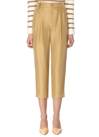 Vince Kadın Kamel Yüksek Bel Pilili Crop İpek Pantolon Bej 8 US