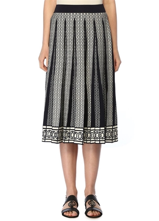 Tory Burch Kadın Lacivert Zincir Desenli Pilili Midi Triko Etek Gri XS EU