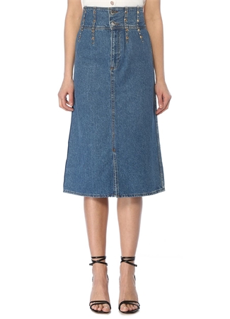 Sandro Kadın Rubya Yüksek Bel İşlemeli Midi Denim Etek Mavi 0 US