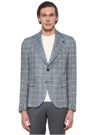 Gabriele Pasini Erkek Mavi Kelebek Yaka Etnik Desenli Keten Ceket 54 IT