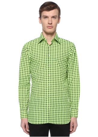 Gabriele Pasini Erkek Neon Yeşil Siyah Polo Yaka Pötikareli Gömlek 40 IT