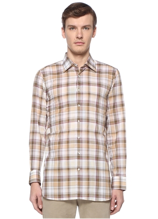 Gabriele Pasini Erkek Bej Pembe Polo Yaka Kareli Gömlek 39 IT