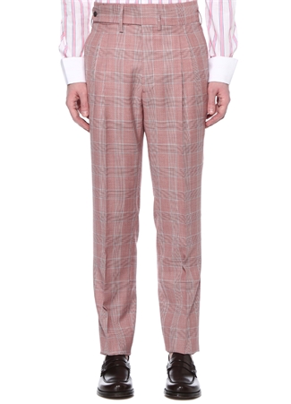 Gabriele Pasini Erkek Pembe Yüksek Bel Dar Paça Ekoseli Yün Pantolon 52 IT