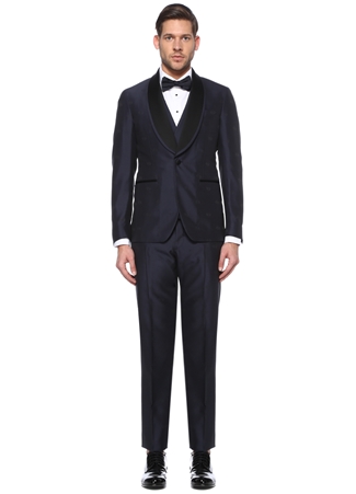 Gabriele Pasini Erkek Lacivert Şal Yaka Kurukafa İşlemeli Yelekli Smokin 54 IT