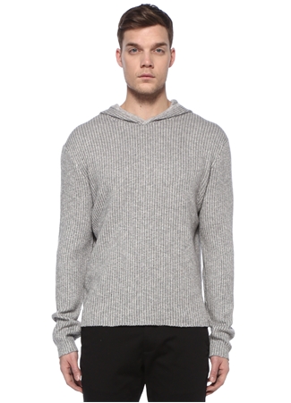 John Varvatos Erkek Gri Beyaz Kapüşonlu Çizgi Desenli Kazak M EU