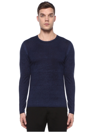 John Varvatos Erkek Lacivert Leopar Desenli İpek Kazak S EU