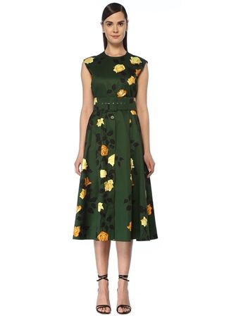 Msgm Kadın Haki Çiçekli Beli Kemerli Kolsuz Midi Elbise 38 IT