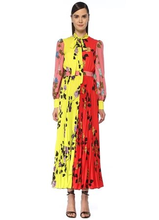 Msgm Kadın Yakası Bağcıklı Colorblock Çiçekli Maksi Elbise Sarı 38 IT