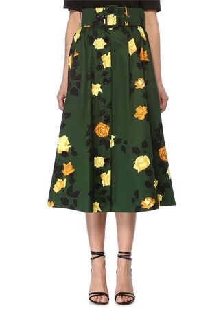 Msgm Kadın Haki Yüksek Bel Çiçekli Kemerli Midi Etek 38 IT