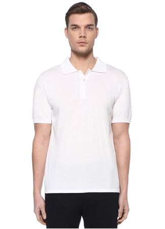 Maurizio Baldassari Erkek Beyaz Polo Yaka Dokulu Kısa Kollu Triko XL EU