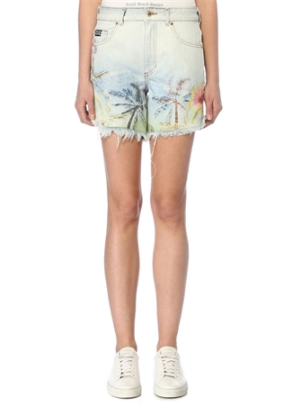 Versace Jeans Couture Kadın Yüksek Bel Çiçek Baskılı Yıpratmalı Jean Şort Mavi 25 US