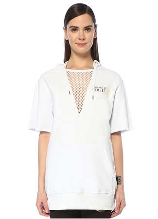 Versace Jeans Couture Kadın Beyaz Kapüşonlu File Garnili Kısa Kol Sweatshirt 40 It