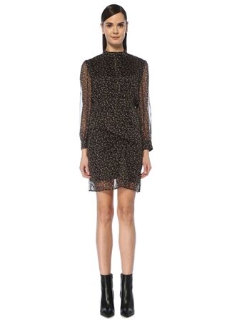 Ghospell Kadın Nomand Siyah Çiçekli Uzun Kol Mini Elbise L EU