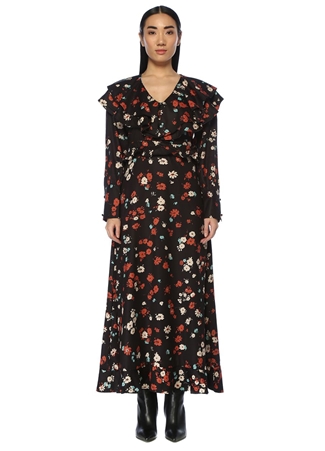 Ghospell Kadın Floral Supply Siyah V Yaka Volanlı Maksi Elbise S EU Ghospell Kadın Floral Supply Siyah V Yaka Volanlı Maksi Elbise S EU