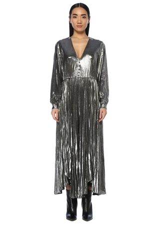 Ghospell Kadın Boulevard Silver V Yaka Pilili Maksi Elbise Gri S EU