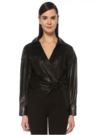 IRO Kadın Perlina Siyah Bağcıklı Kruvaze Deri Gömlek 34 FR