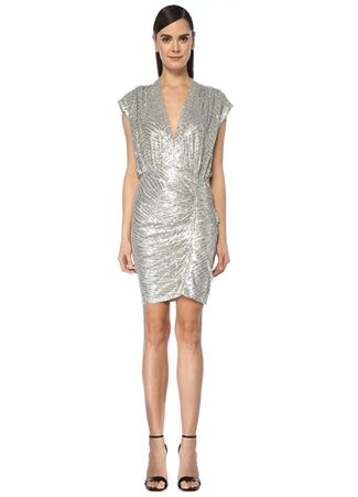 IRO Kadın Sagria Silver V Yaka İşlemeli Mini Kokteyl Elbise Gri 36 FR