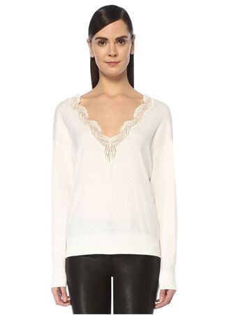 IRO Kadın Juny Beyaz V Yaka Dantel Garnili Kazak S EU