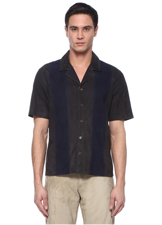 Ajmone Erkek Siyah Kamp Yaka Kısa Kollu Süet Gömlek 48 IT
