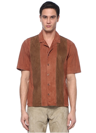 Ajmone Erkek Colorblocked Kamp Yaka Kısa Kollu Süet Gömlek Kahverengi 50 IT