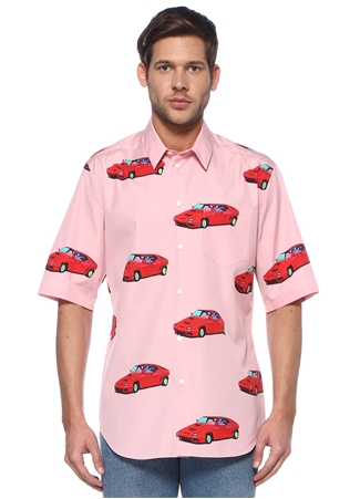 Versace Erkek Pembe Polo Yaka Araba Baskılı Kısa Kollu Gömlek 40 IT