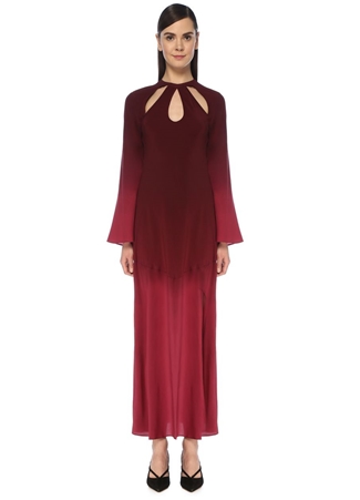 Rixo Kadın Kaia Bordo Degrade Kesim Detaylı Maksi İpek Elbise Pembe S EU