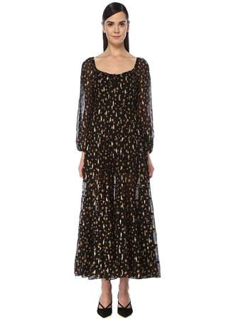Rixo Kadın Cameron Siyah Gold Desenli Midi İpek Elbise S EU