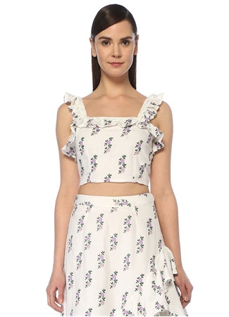 All Things Mochi Kadın Luna Beyaz Kare Yaka Çiçek Nakışlı Crop Bluz S EU