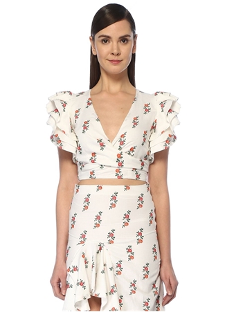 All Things Mochi Kadın Viola Beyaz Çiçek Nakışlı Bağcıklı Crop Bluz Kırmızı S EU