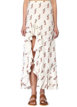 All Things Mochi Kadın Clara Beyaz Çiçek Nakışlı Volanlı Maksi Etek Kırmızı L EU