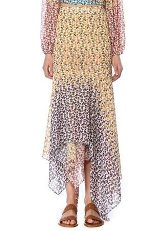 All Things Mochi Kadın Elisa Çiçekli Asimetrik Volanlı Maksi Etek XS EU