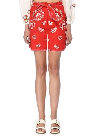 All Things Mochi Kadın Fortuna Kırmızı Çiçek Nakışlı Kuşaklı Şort S EU