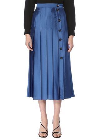 Victoria by Beckham Kadın Mavi Yüksek Bel Pilili Midi Saten Etek 0 US