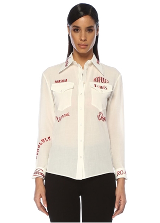 Victoria by Beckham Kadın Kırmızı Beyaz Yazı Nakış Detaylı Gömlek M EU