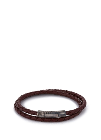 AtolyeWolf Erkek Bordo Gümüş Rengi İnce Kilitli Örgü Deri Bileklik EU