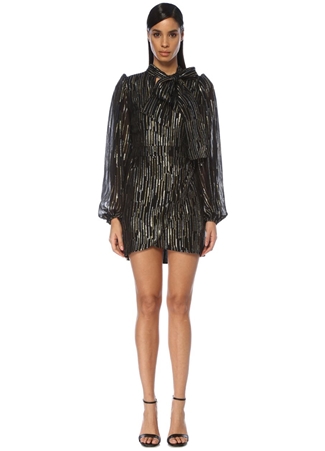 Peter Pilotto Kadın Siyah Bağcıklı Metalik Çizgili Mini İpek Elbise Altın Rengi 8 US