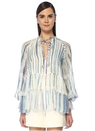 Hemant&Nandita Kadın Esme Mavi Yakası Bağlamalı Renkli Şeritli Bluz M EU