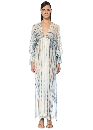 Hemant&Nandita Kadın Esme Önü Arkası V Yaka Renkli Şeritli Maksi Kaftan Mavi S EU