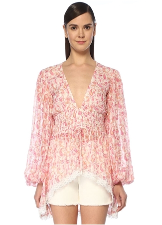 Rococo Sand Kadın Candy Pembe V Yaka Şal Desenli Büzgülü Bluz S EU