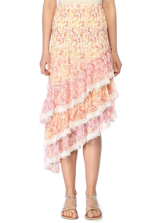 Rococo Sand Kadın Pembe Beyaz Şal Desenli Asimetrik Kesim Midi Etek XS EU