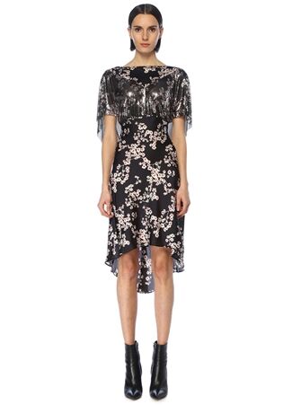 Paco Rabanne Kadın Siyah Çiçekli Garni Detaylı Asimetrik Midi Elbise 34 FR