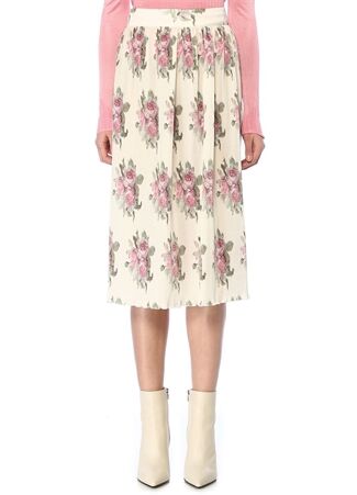 Paco Rabanne Kadın Ekru Gül Desenli Pilili Midi Etek 36 FR