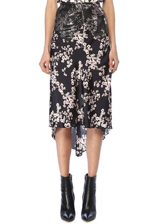 Paco Rabanne Kadın Siyah Çiçekli Garni Detaylı Asimetrik Midi Etek 36 FR