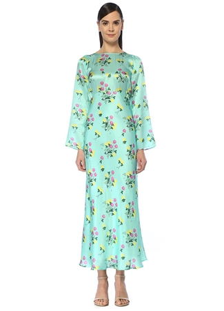 Bernadette Kadın Jane Turkuaz Çiçekli Maksi İpek Saten Elbise Mavi 36 IT