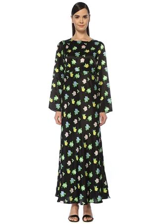 Bernadette Kadın Jane Siyah Çiçekli Maksi İpek Saten Elbise 42 IT